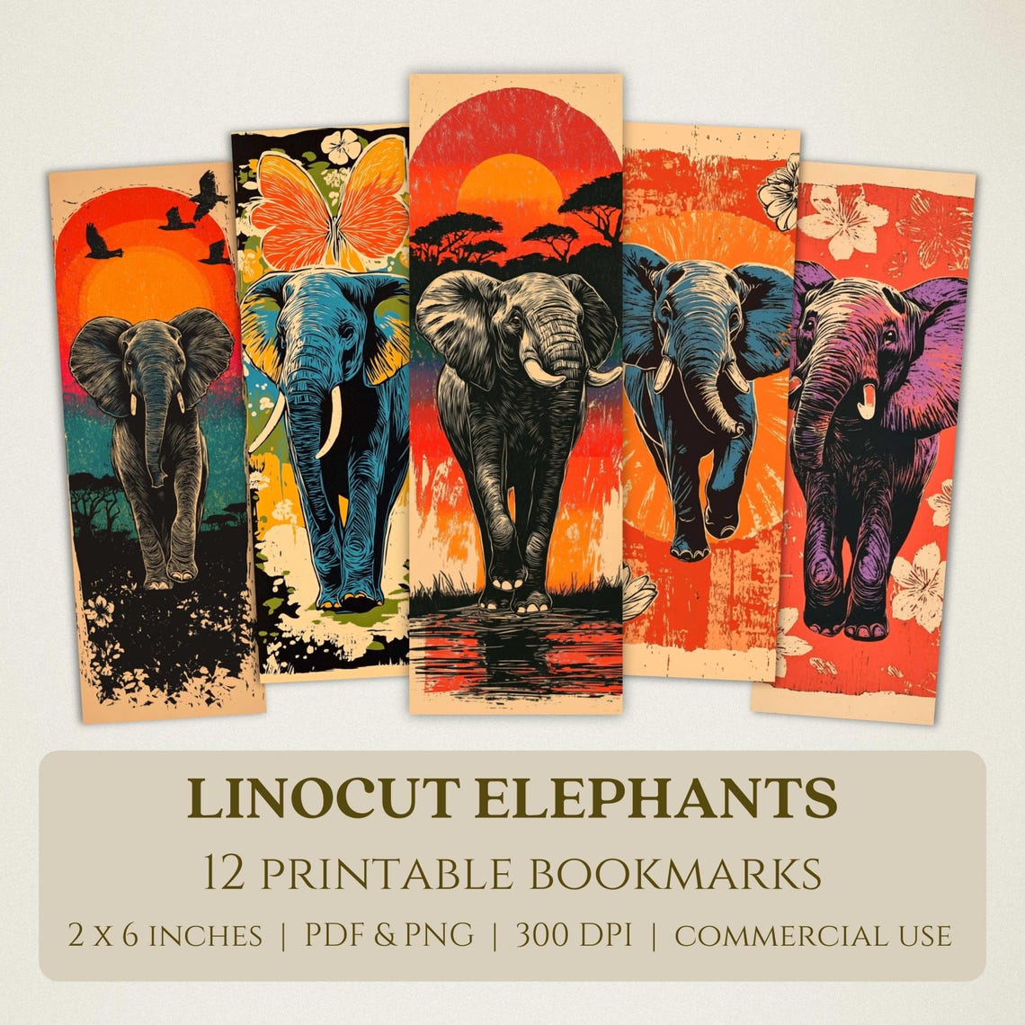 Linocut Elephants Printable Bookmarks, High Quality Digital Images ...