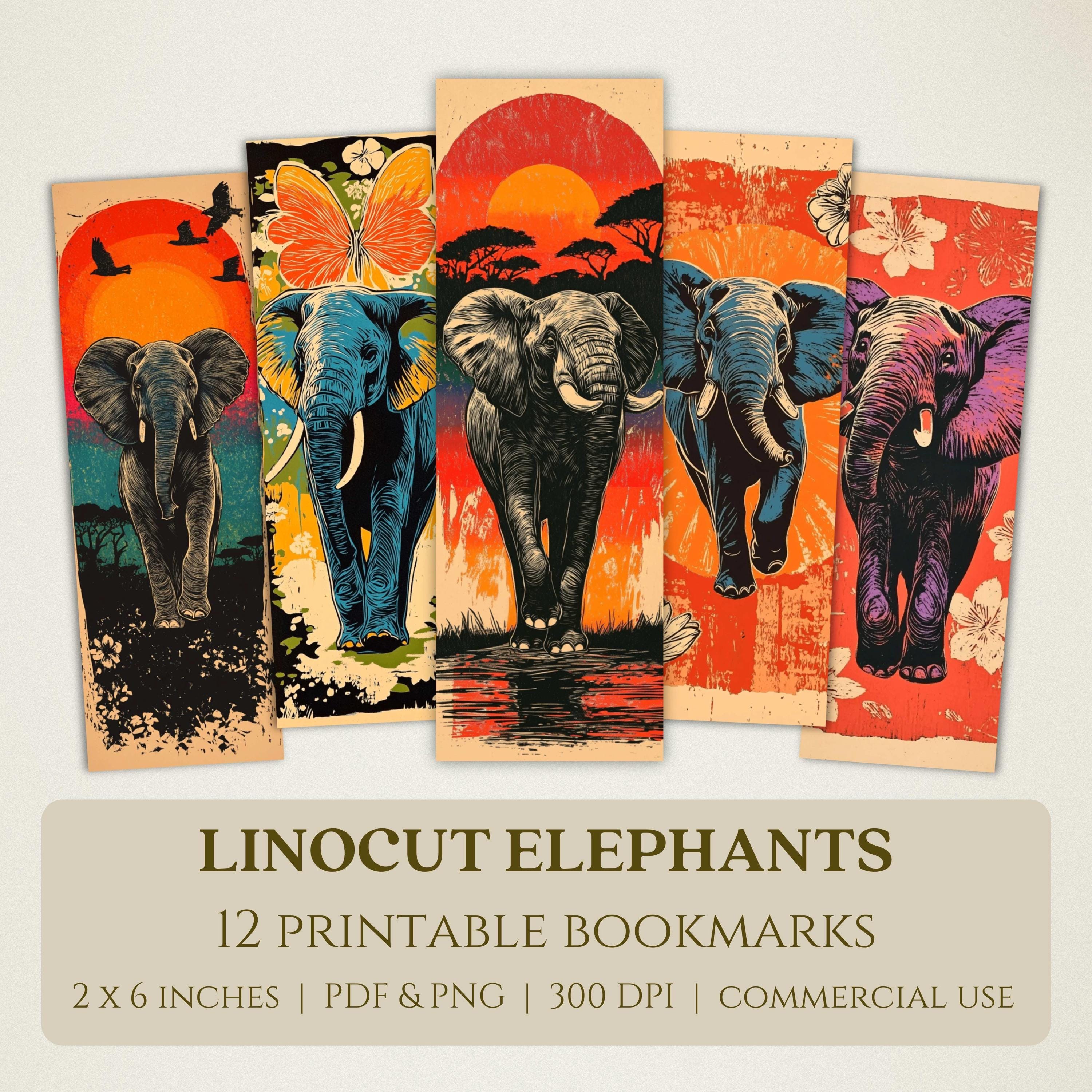 Linocut Elephants Printable Bookmarks, High Quality Digital Images ...