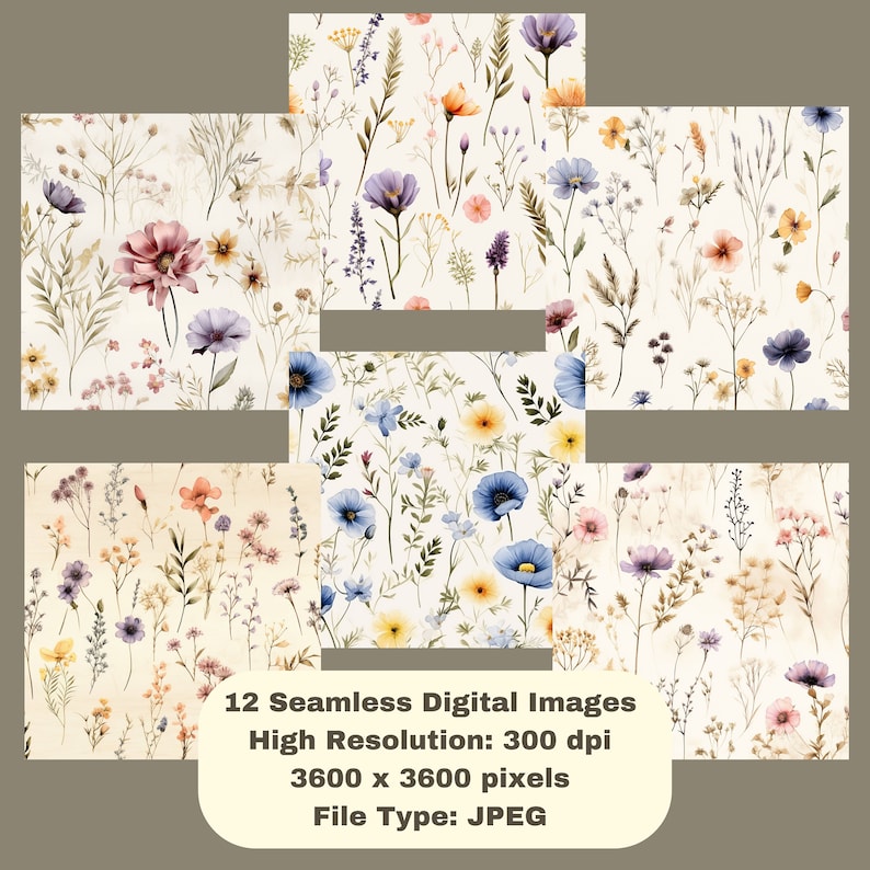 Pressed Wildflowers Digital Paper, 12 High Quality Seamless Images ...