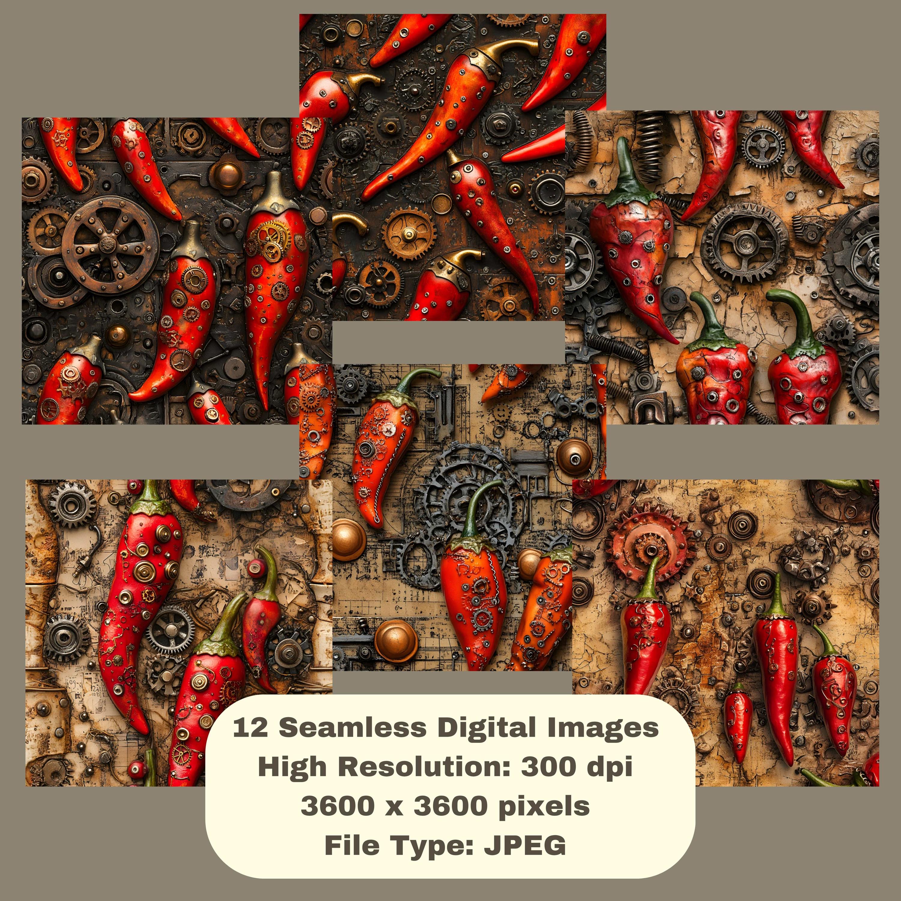 Steampunk Chili Peppers Digital Paper, High Quality Seamless Images ...