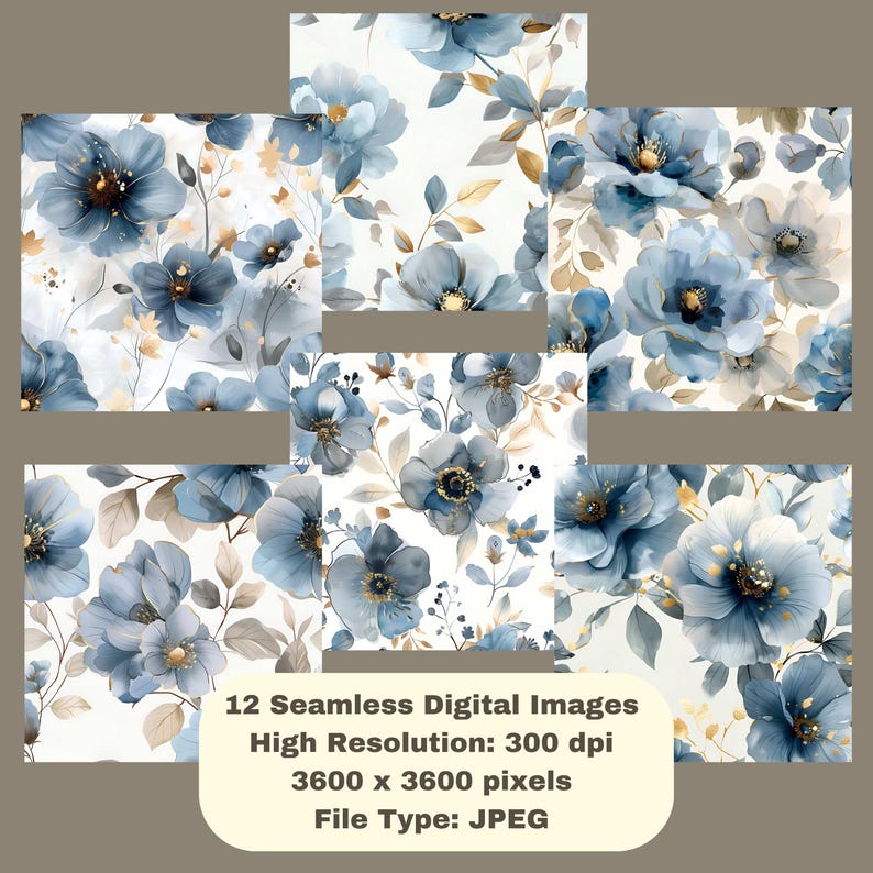 Blue & Gold Floral Digital Paper, 12 High Quality Seamless Images ...