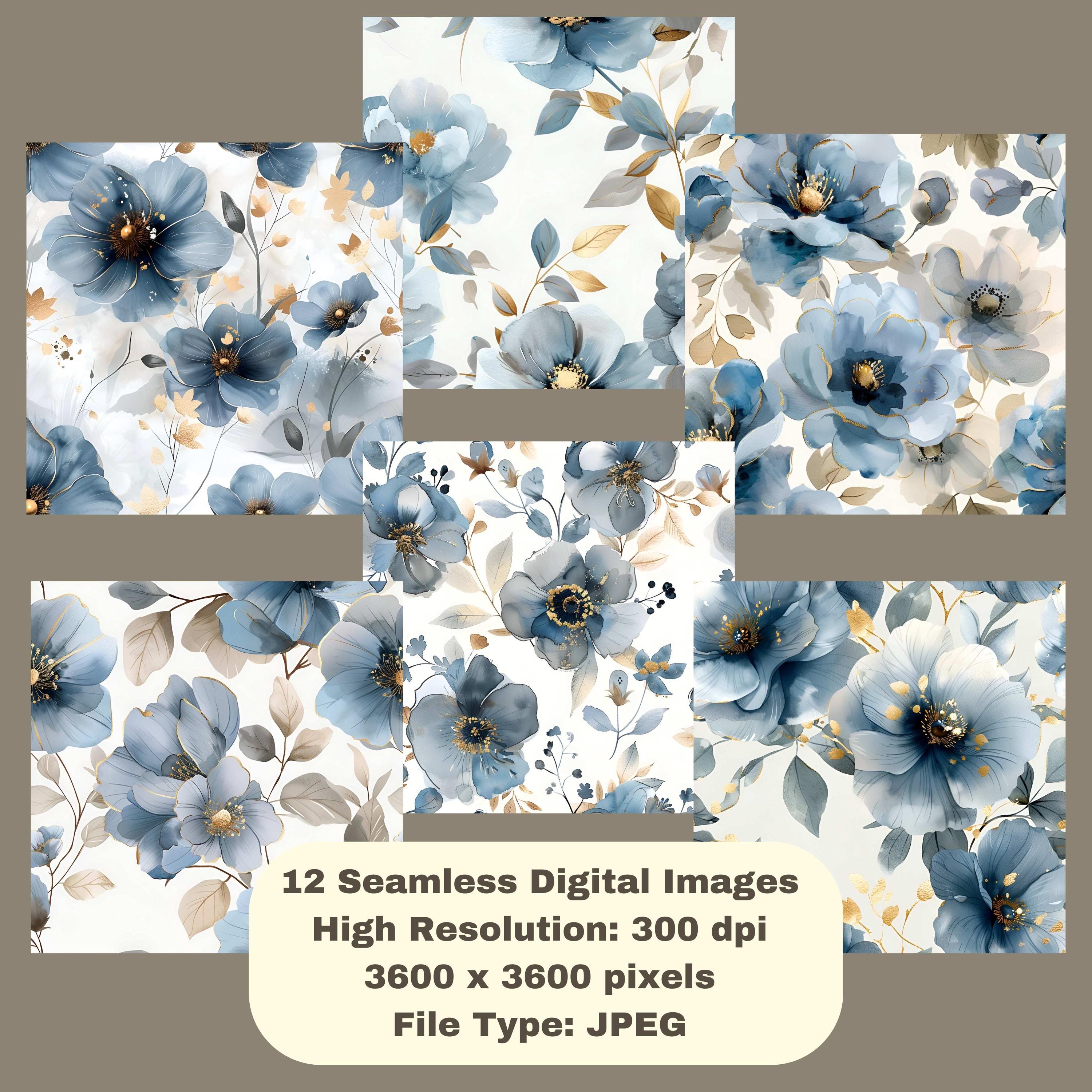 Blue & Gold Floral Digital Paper, 12 High Quality Seamless Images ...