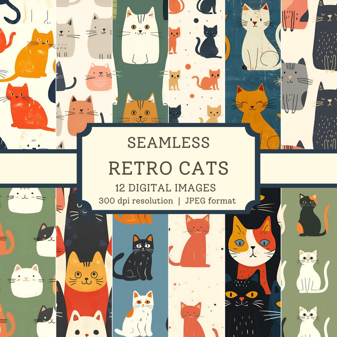 Retro Cat Digital Paper, 12 High Quality Seamless Images, Printable Cat ...