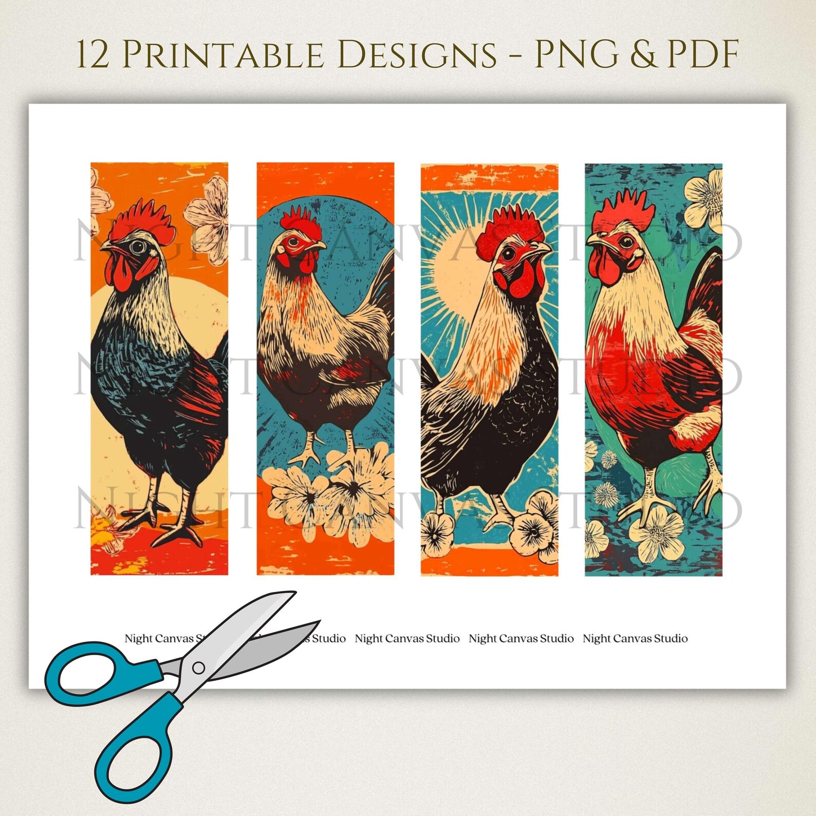 Linocut Chickens Printable Bookmarks, High Quality Digital Images ...
