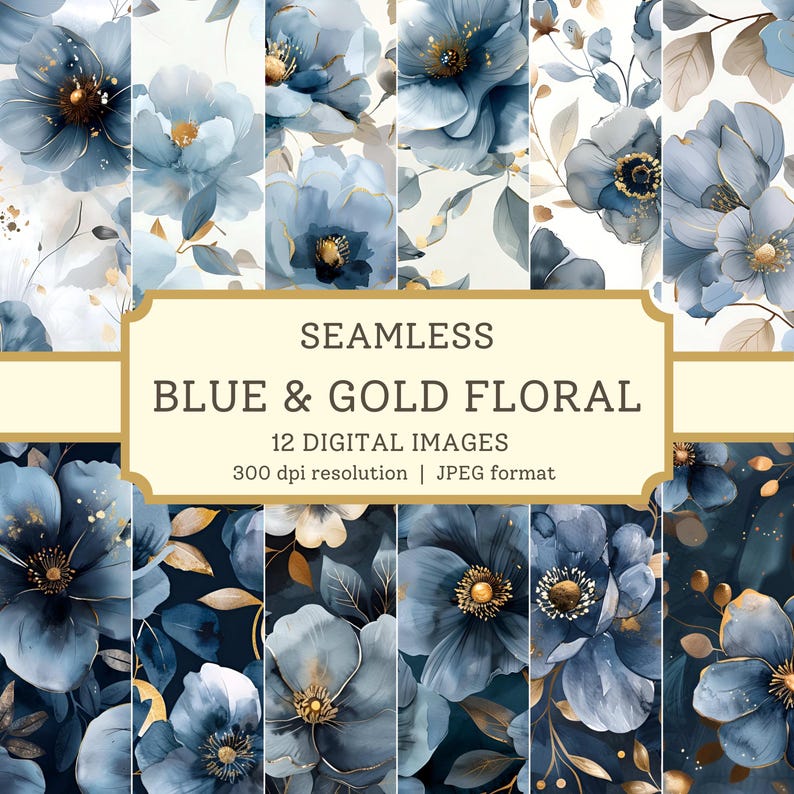 Blue & Gold Floral Digital Paper, 12 High Quality Seamless Images ...