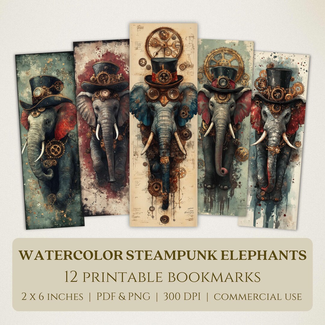Watercolor Steampunk Elephants Printable Bookmarks, High Quality ...