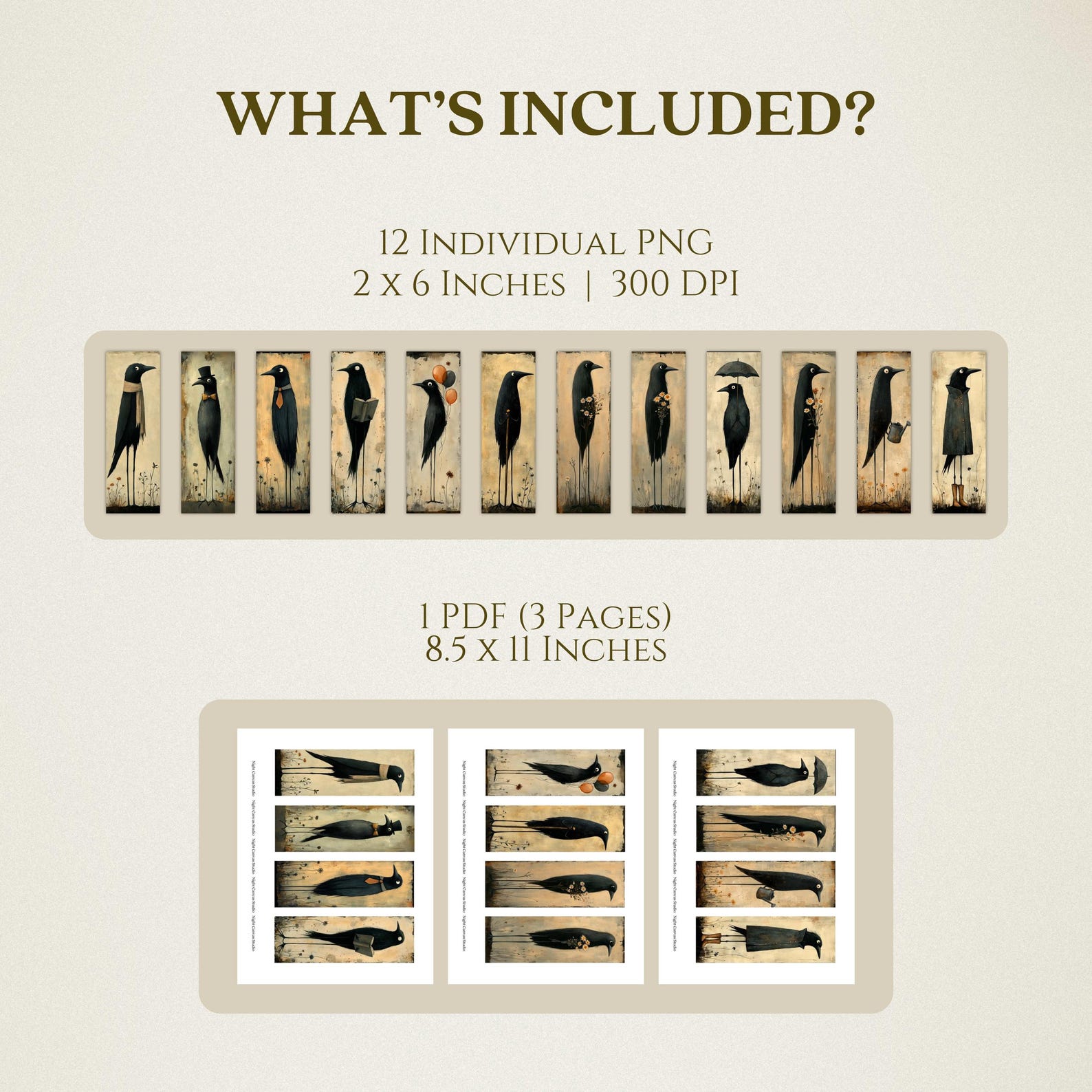 Whimsical Crows Printable Bookmarks, High Quality Digital Images ...