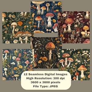 Vintage Cottagecore Mushrooms Digital Paper, 12 High Quality Seamless ...