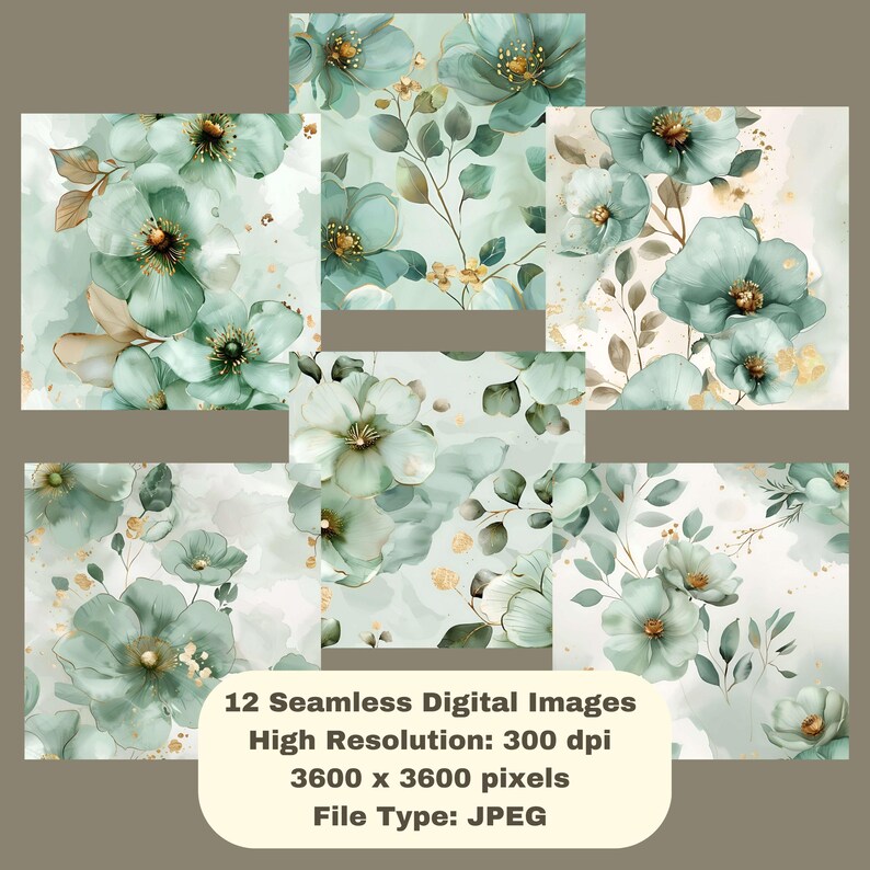 Green & Gold Floral Digital Paper, 12 High Quality Seamless Images ...