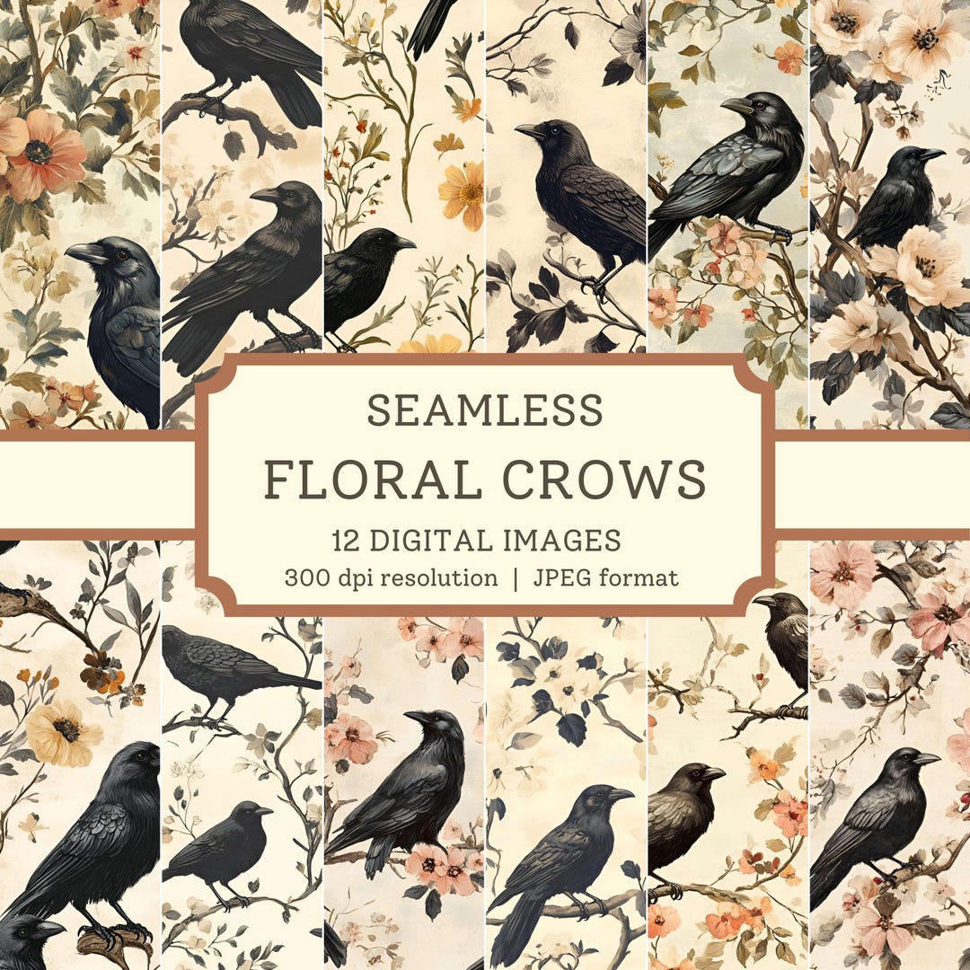 Floral Crows Digital Paper, High Quality Seamless Images, Printable ...