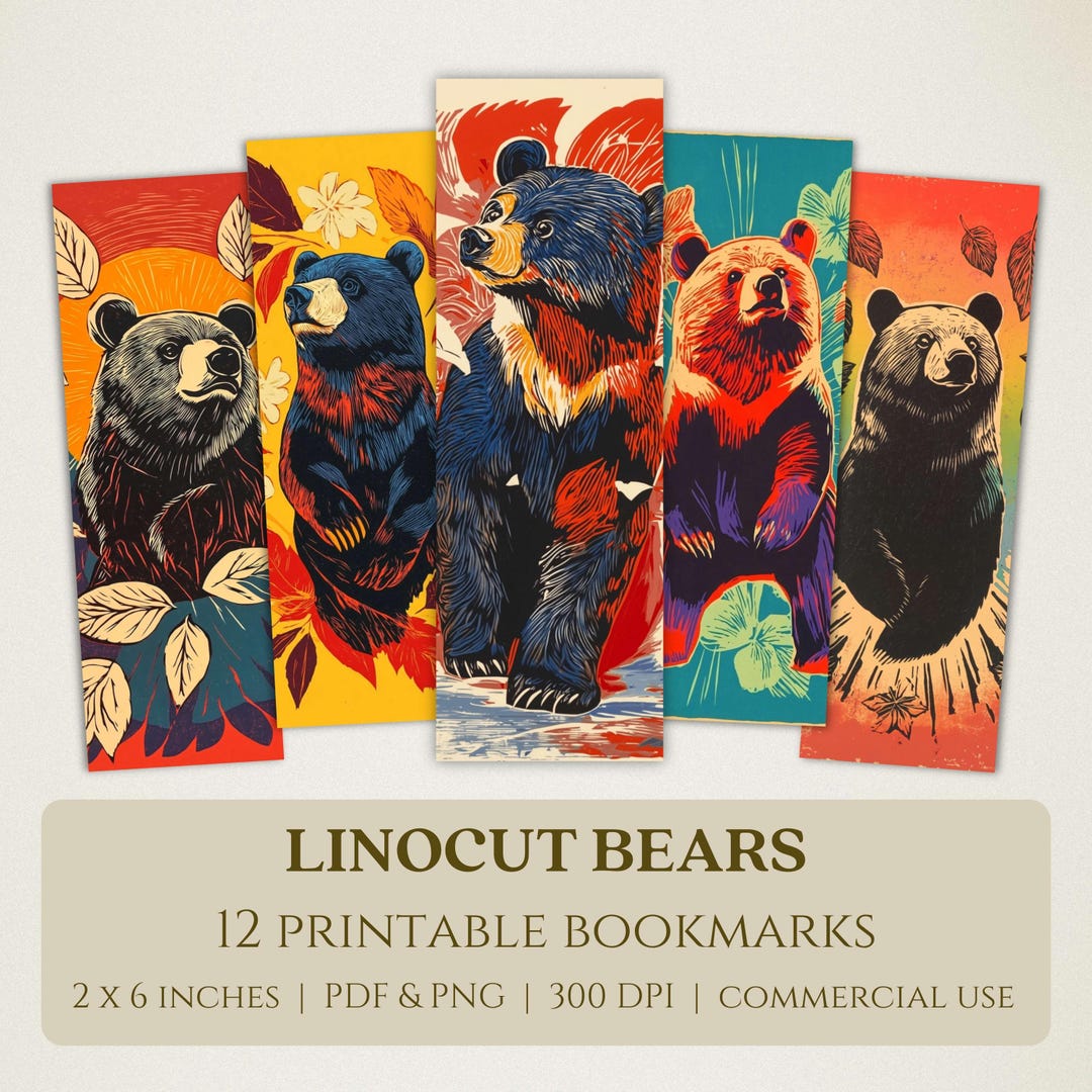 Linocut Bears Printable Bookmarks, High Quality Digital Images, Instant ...