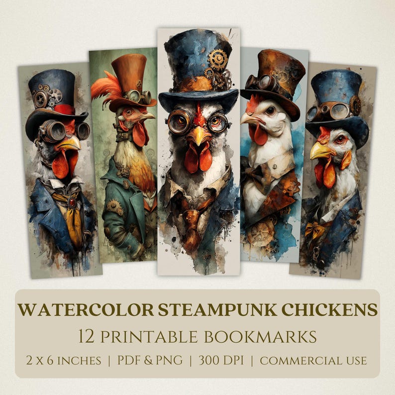 Watercolor Steampunk Chickens Printable Bookmarks, High Quality Digital ...