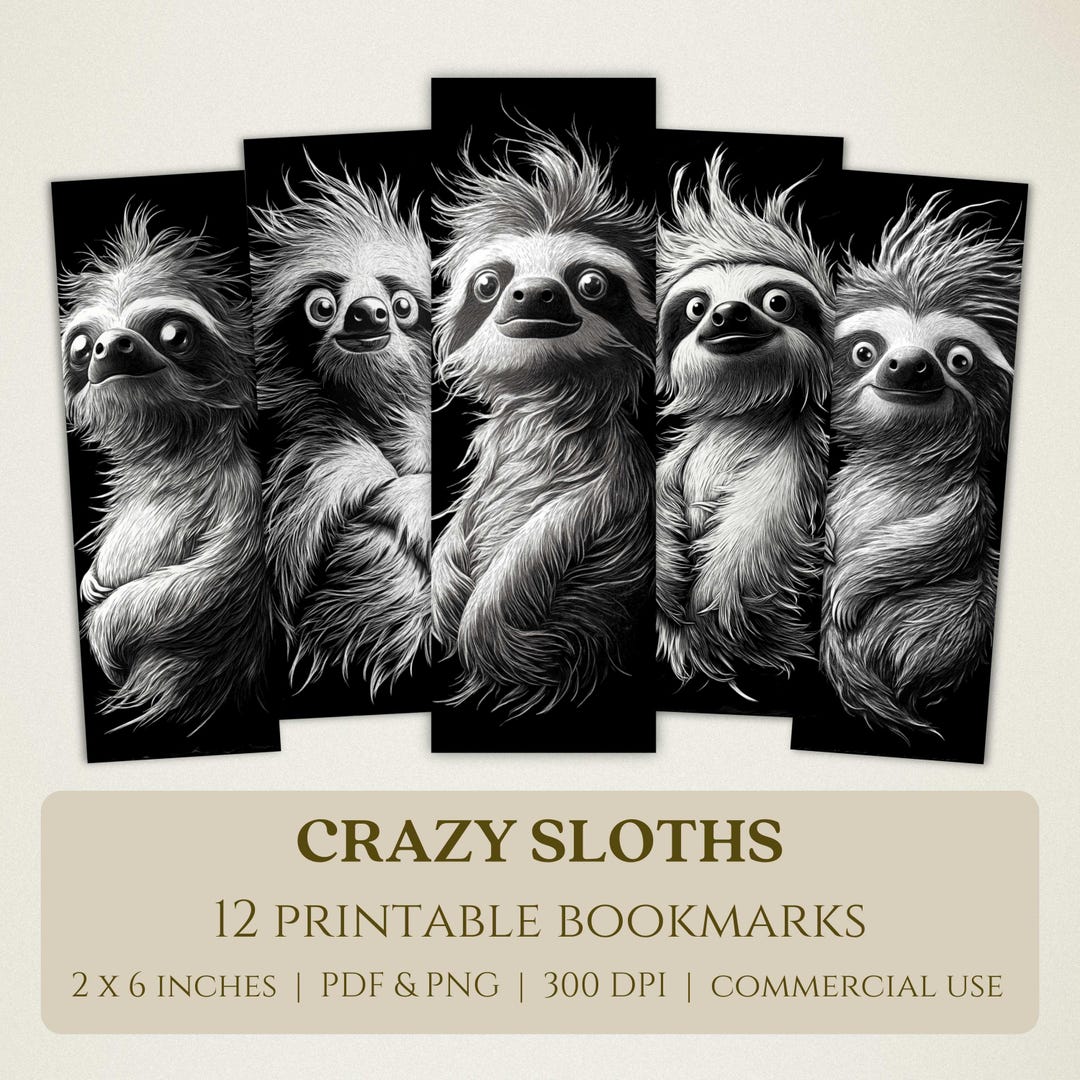Crazy Sloths Printable Bookmarks, High Quality Digital Images, Instant ...