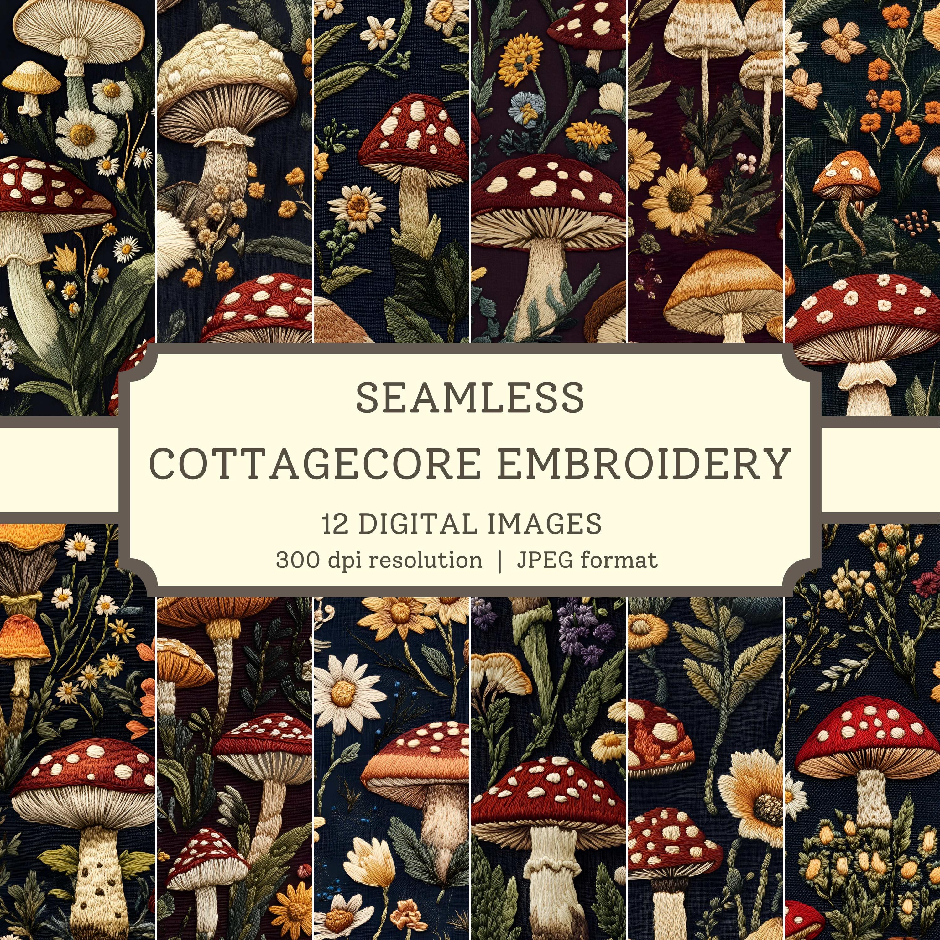 Cottagecore Mushrooms Embroidery Digital Paper, High Quality Seamless ...