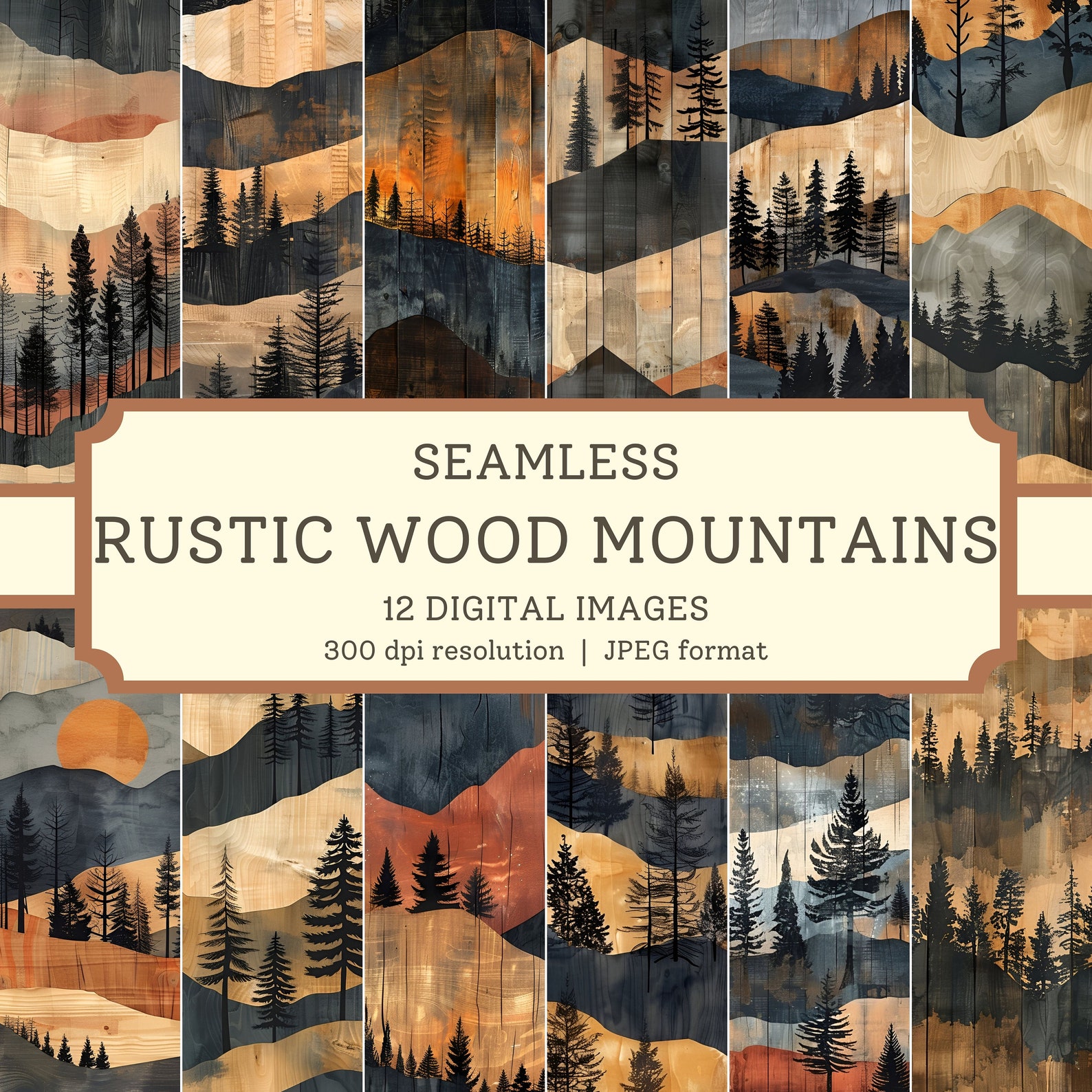 Rustic Wood Mountains Digital Paper, 12 High Quality Seamless Images ...