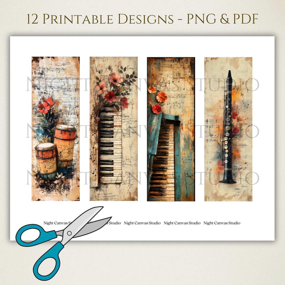 Grunge Musical Instruments Printable Bookmarks, High Quality Digital ...