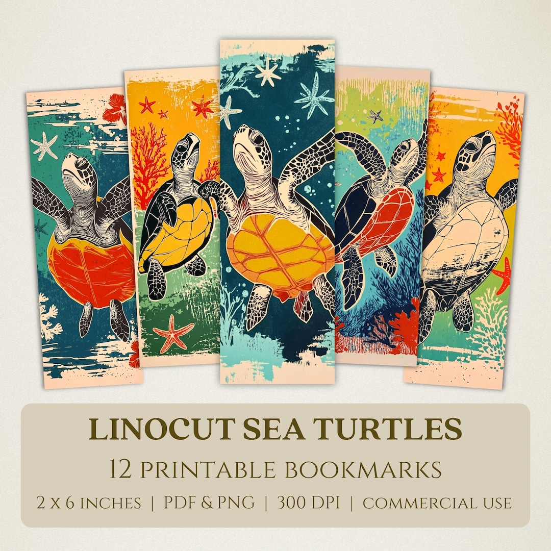 Linocut Sea Turtles Printable Bookmarks, High Quality Digital Images ...