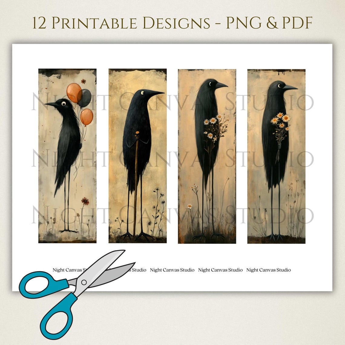 Whimsical Crows Printable Bookmarks, High Quality Digital Images ...