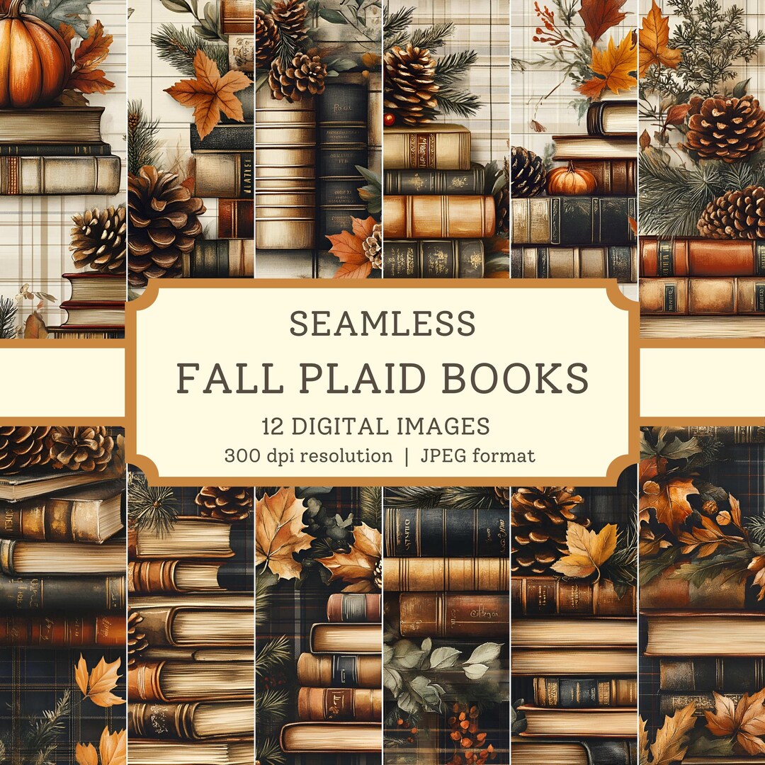 Fall Plaid Books Digital Paper, High Quality Seamless Images, Printable ...