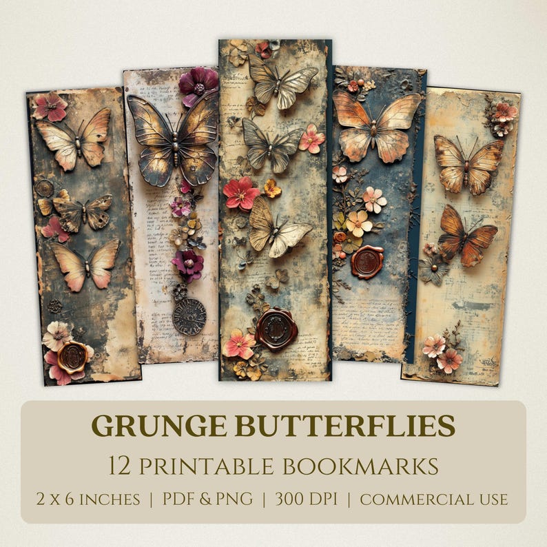 Grunge Butterflies Printable Bookmarks, High Quality Digital Images ...