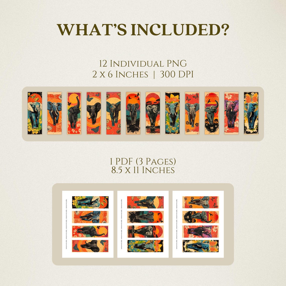 Linocut Elephants Printable Bookmarks, High Quality Digital Images ...