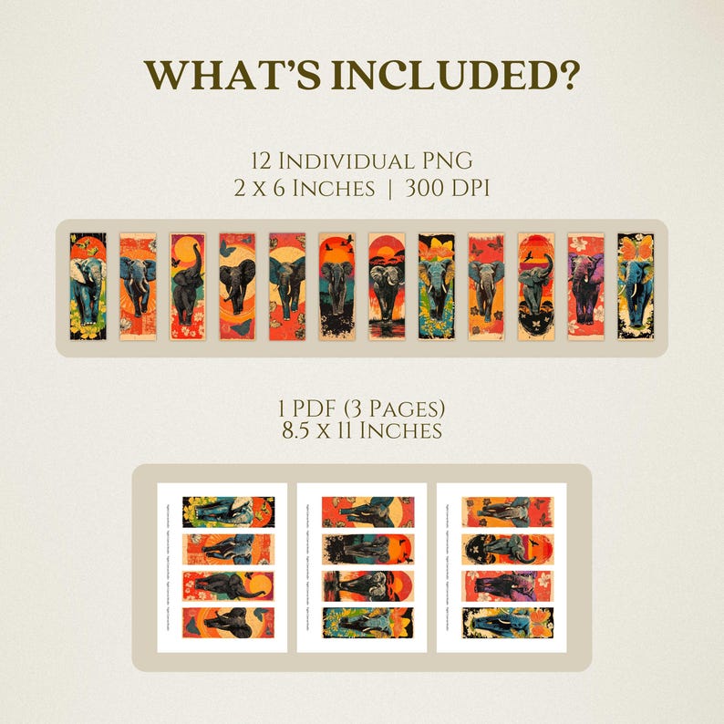 Linocut Elephants Printable Bookmarks, High Quality Digital Images ...
