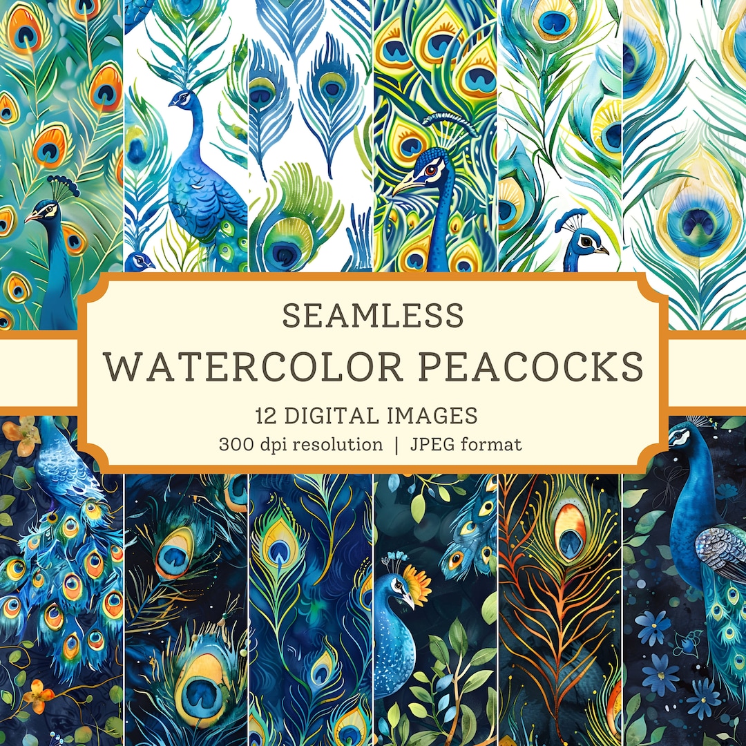 Watercolor Peacocks Digital Paper, 12 High Quality Seamless Images ...