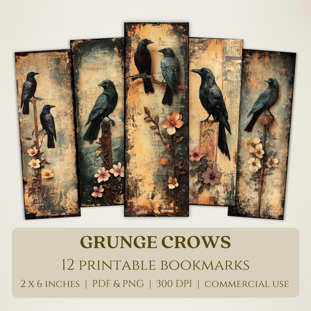 Grunge Crows Printable Bookmarks, High Quality Digital Images, Instant ...