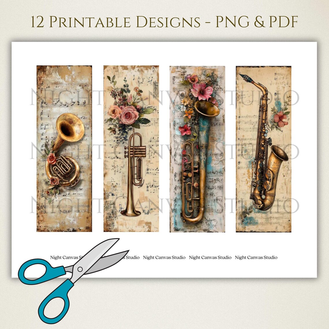 Grunge Musical Instruments Printable Bookmarks, High Quality Digital ...