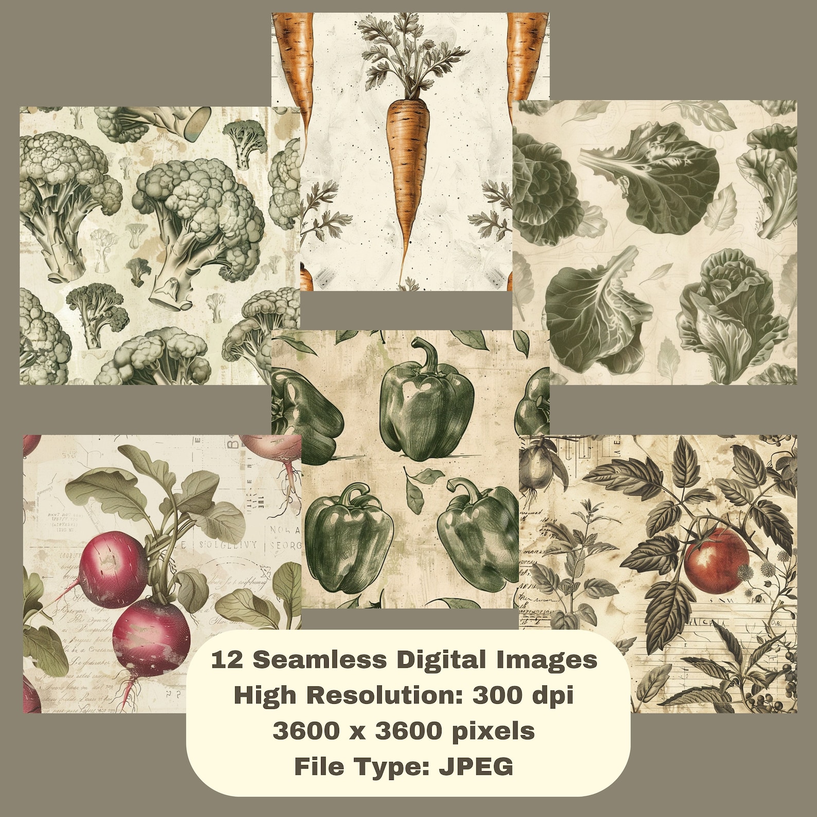 Vintage Vegetables Digital Paper, 12 High Quality Seamless Images ...