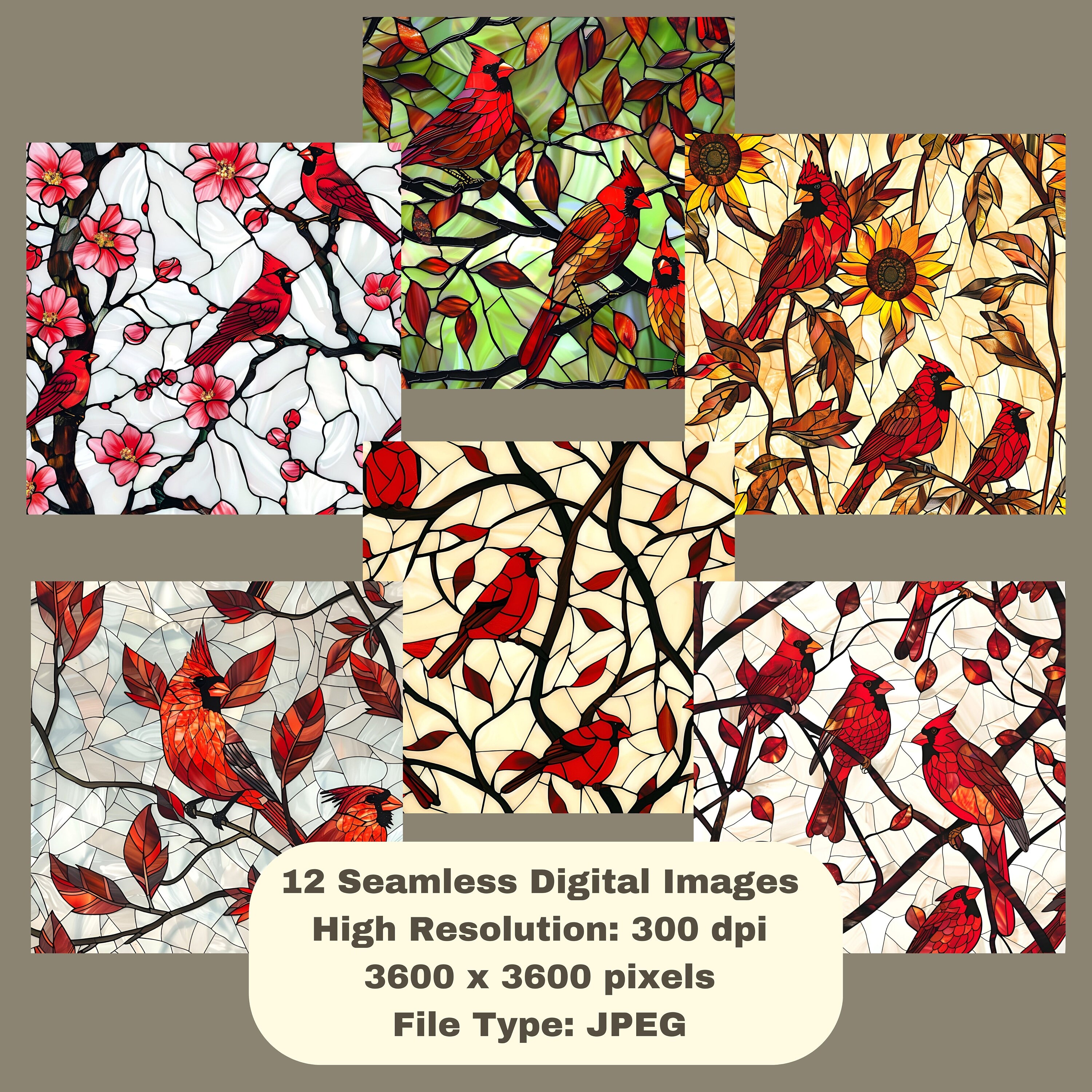 Stained Glass Cardinals Digital Paper, 12 High Quality Seamless Images ...