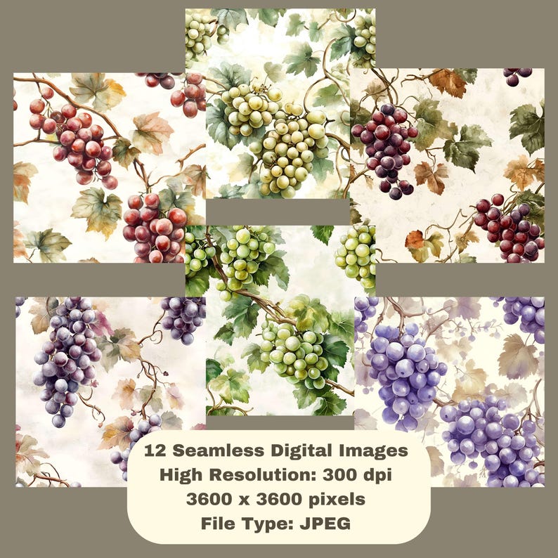Watercolor Grapes Digital Paper, High Quality Seamless Images, Vineyard ...