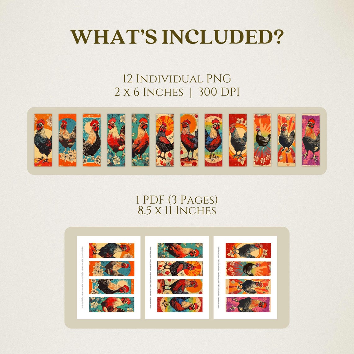 Linocut Chickens Printable Bookmarks, High Quality Digital Images ...