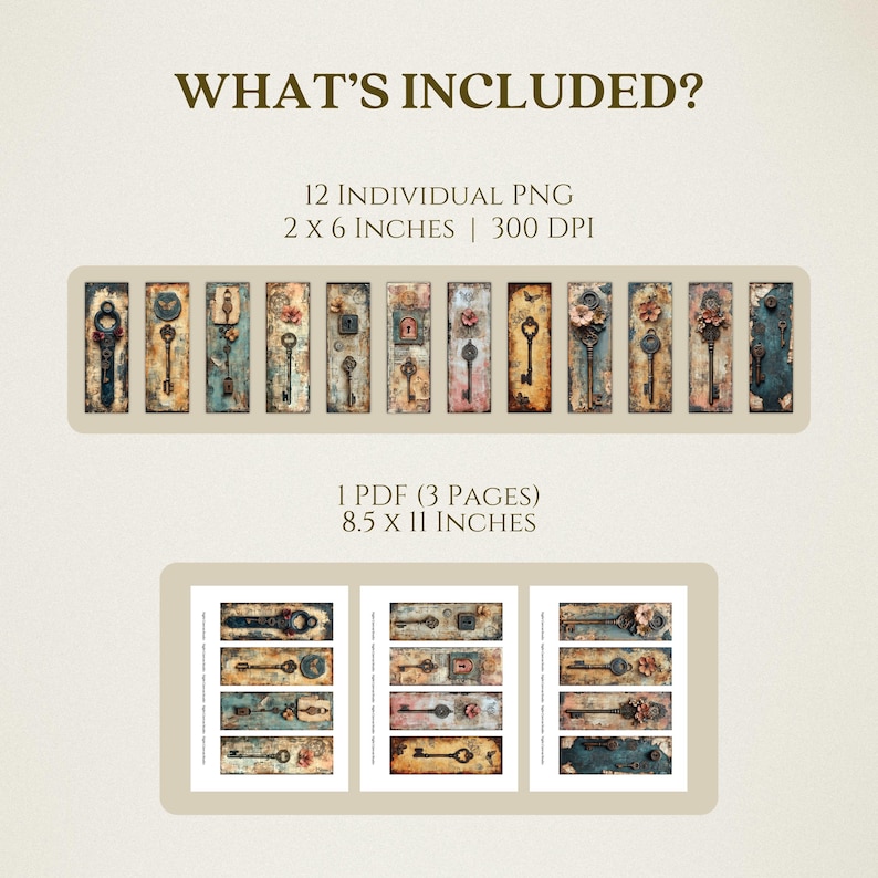 Grunge Skeleton Key Printable Bookmarks, High Quality Digital Images ...