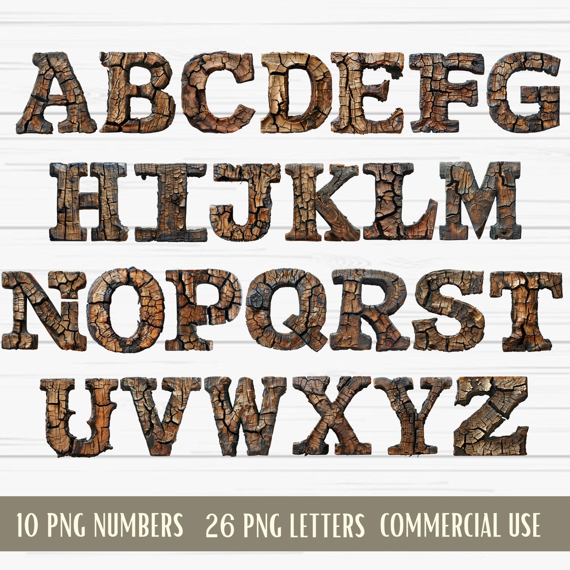 Burnt Oak Wood Alphabet PNG, A to Z Letters, 0 to 9 Numbers, High ...