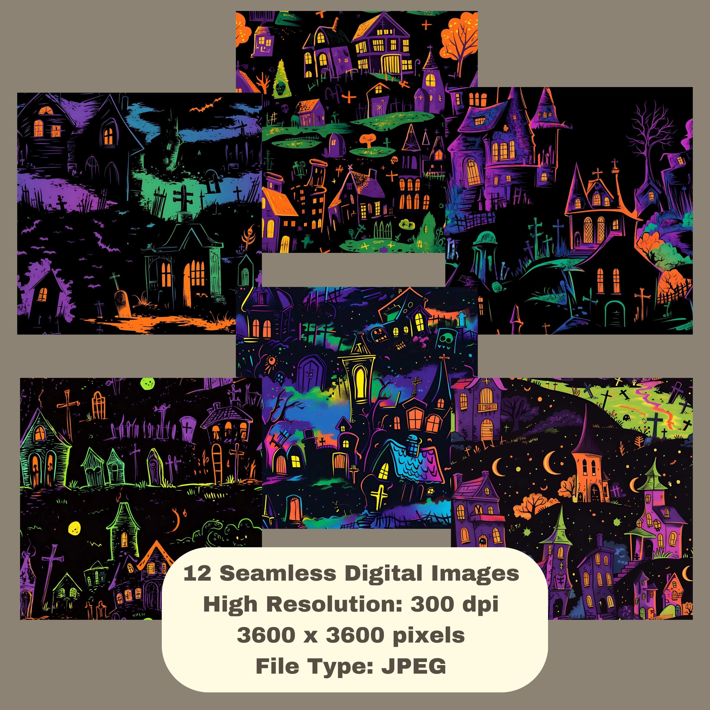 Neon Haunted Houses Digital Paper, High Quality Seamless Images, Spooky ...