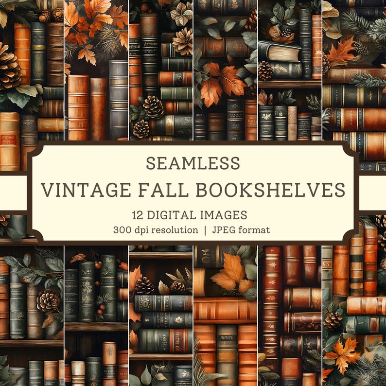 Vintage Fall Bookshelves Digital Paper, High Quality Seamless Images ...
