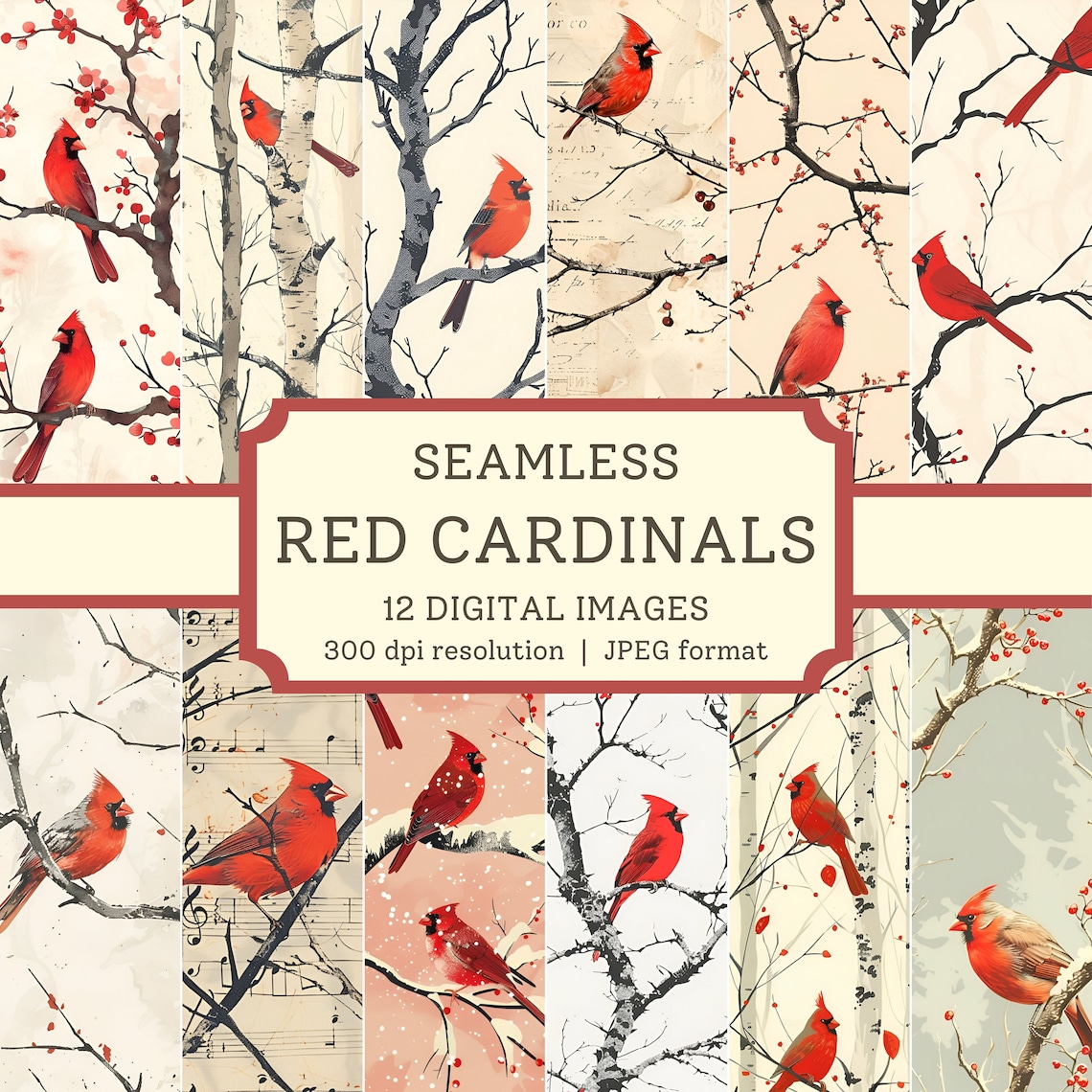 Red Cardinal Digital Paper, 12 High Quality Seamless Images, Printable ...