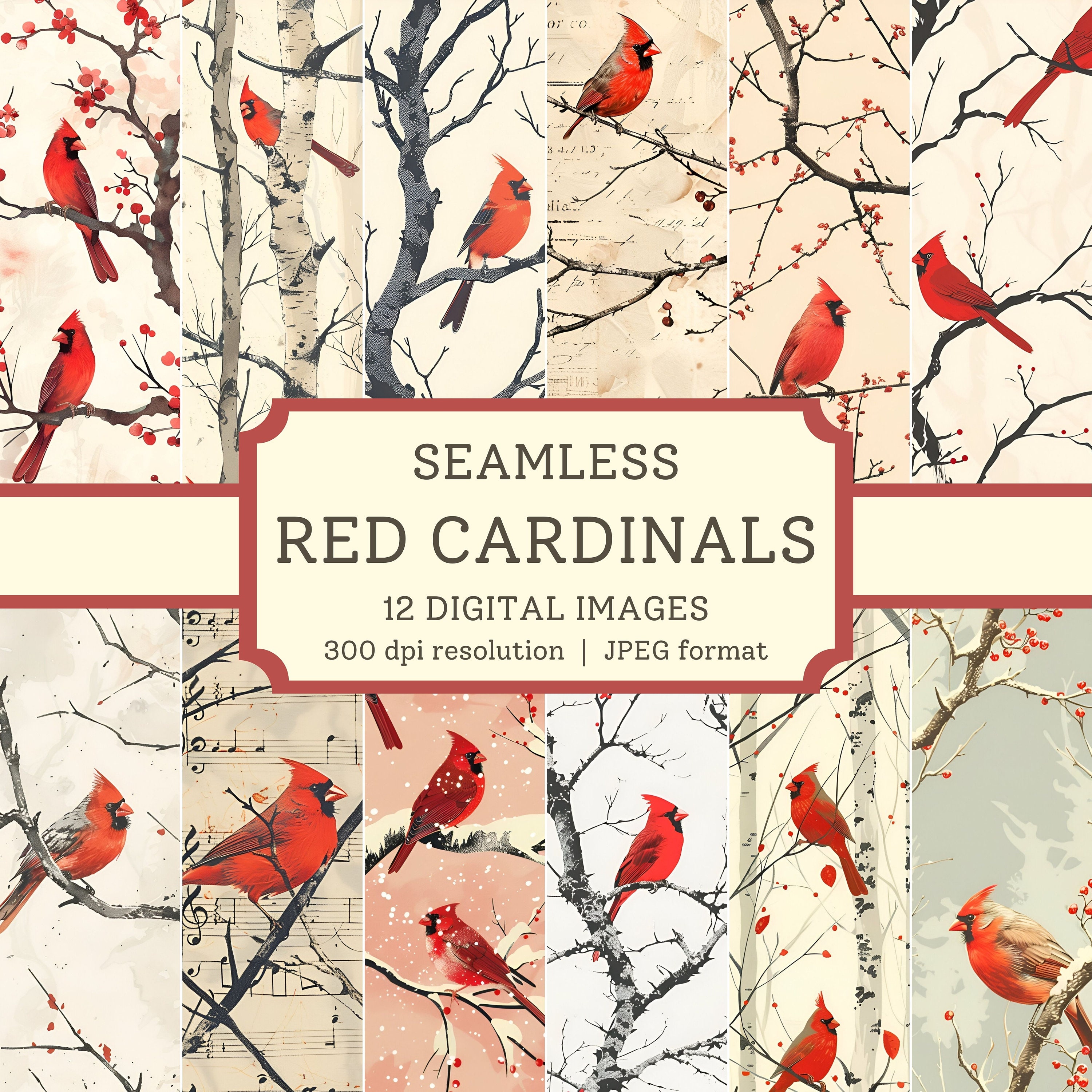 Red Cardinal Digital Paper, 12 High Quality Seamless Images, Printable ...