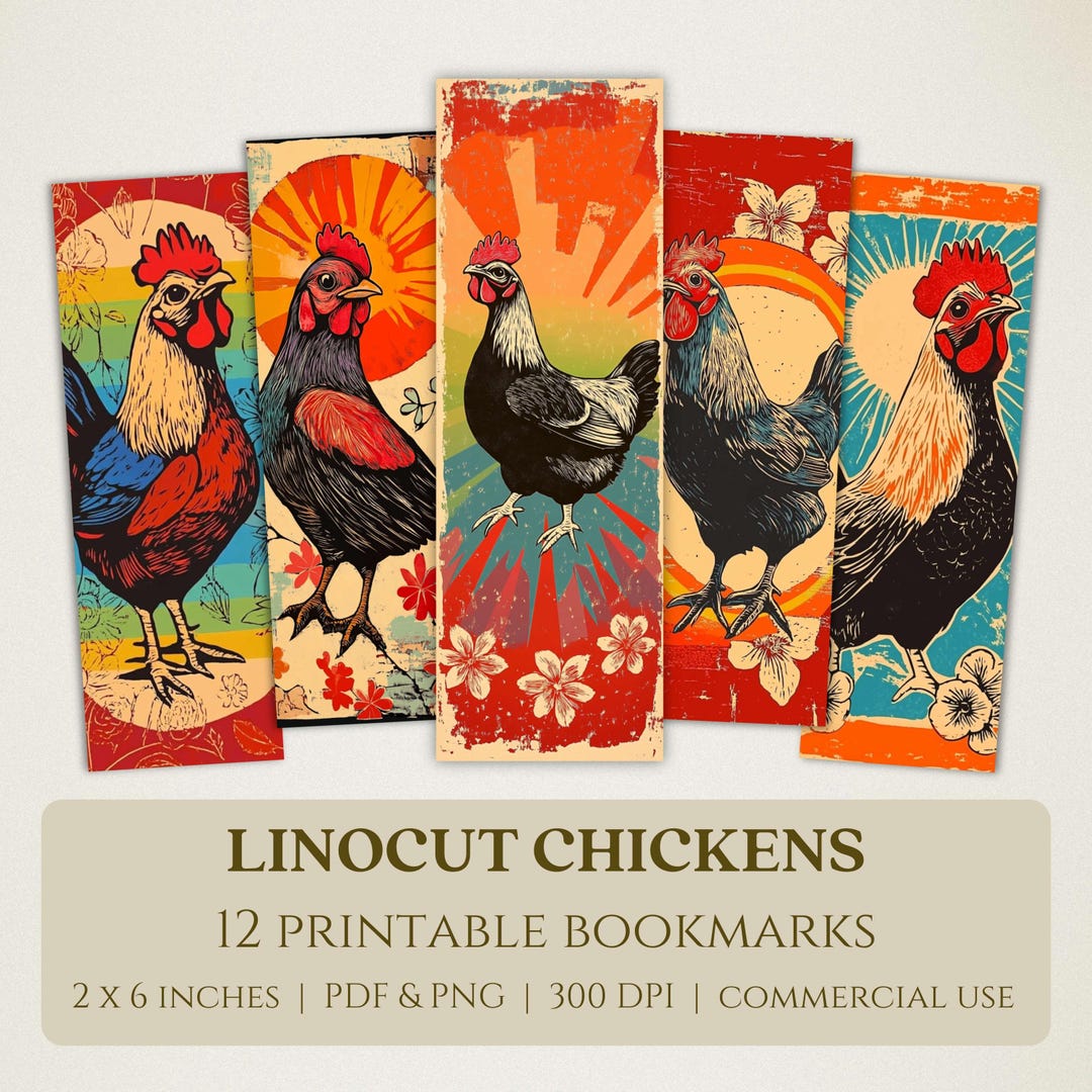Linocut Chickens Printable Bookmarks, High Quality Digital Images ...