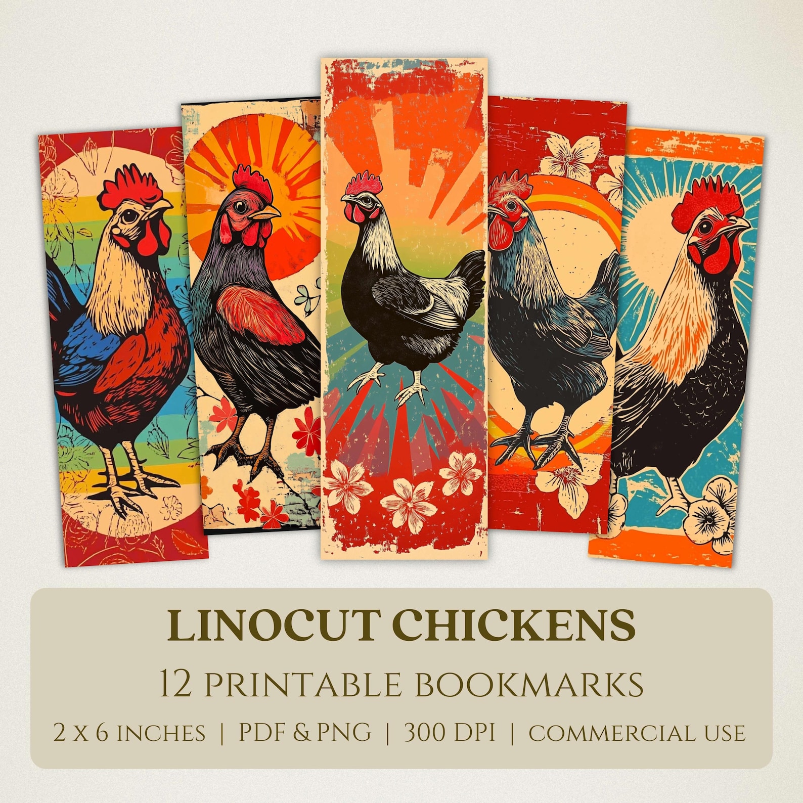 Linocut Chickens Printable Bookmarks, High Quality Digital Images ...