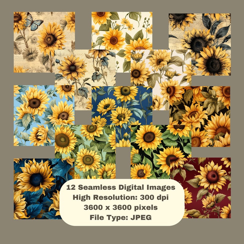 Sunflowers Digital Paper, 12 High Quality Seamless Images, Printable ...