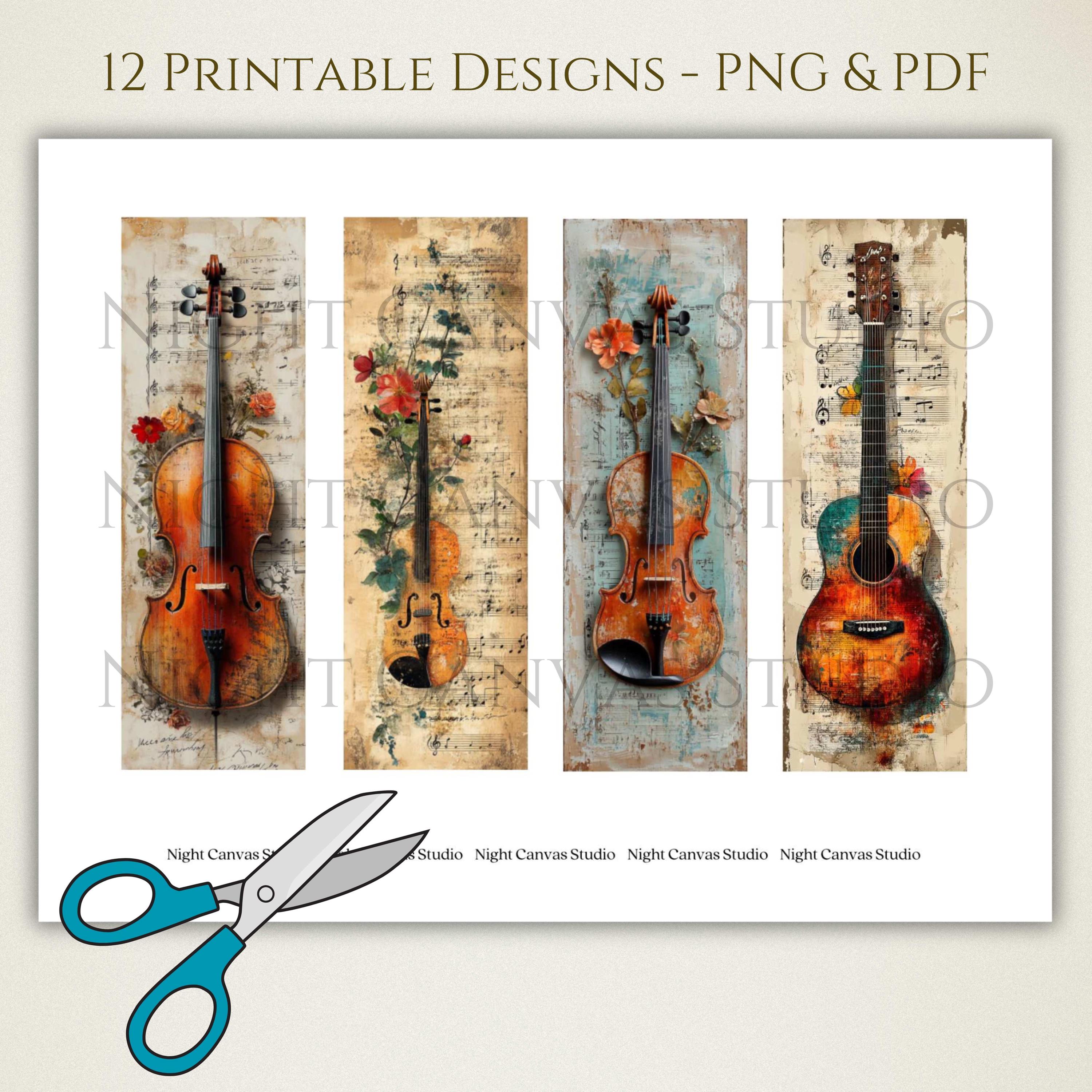 Grunge Musical Instruments Printable Bookmarks, High Quality Digital ...