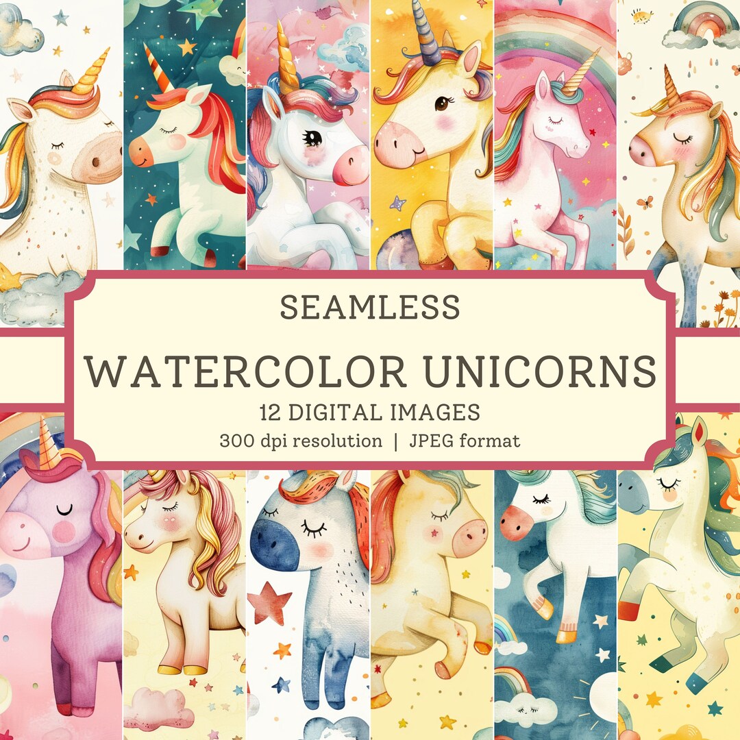 Watercolor Unicorns Digital Paper, 12 High Quality Seamless Images ...