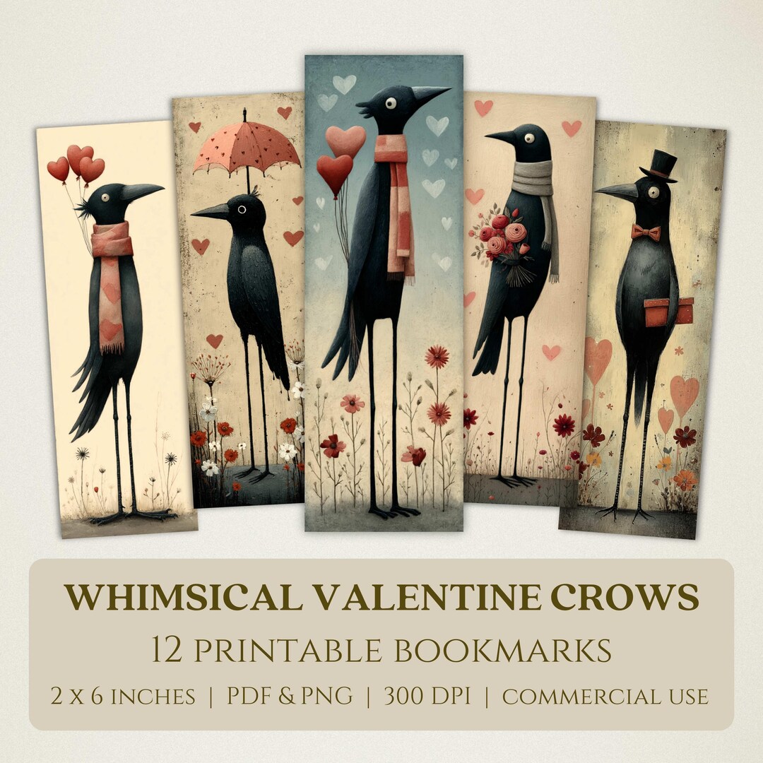 Whimsical Valentine Crows Printable Bookmarks, High Quality Digital ...