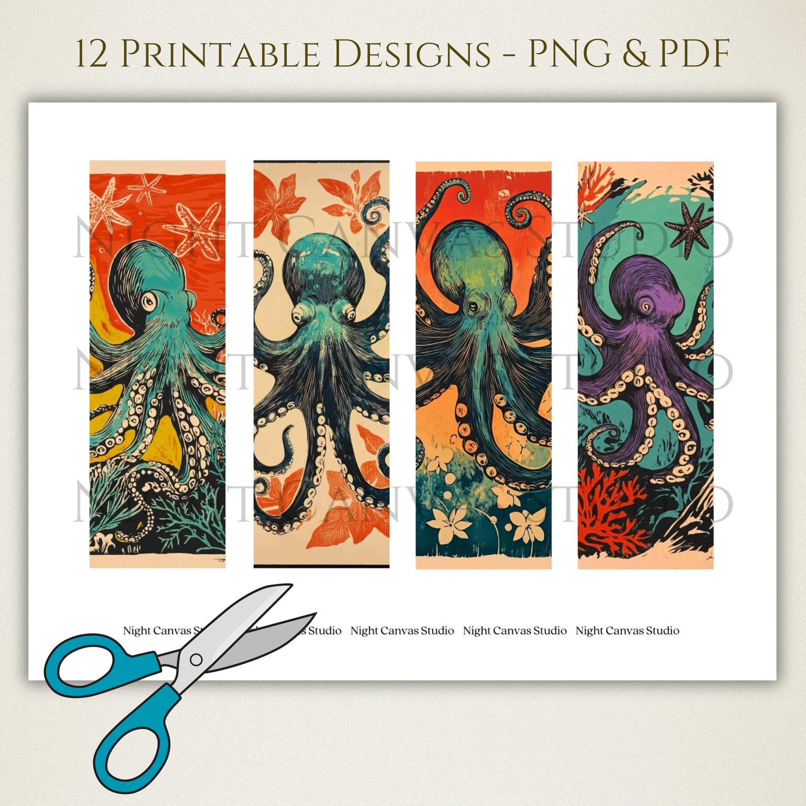 Linocut Octopus Printable Bookmarks, High Quality Digital Images ...