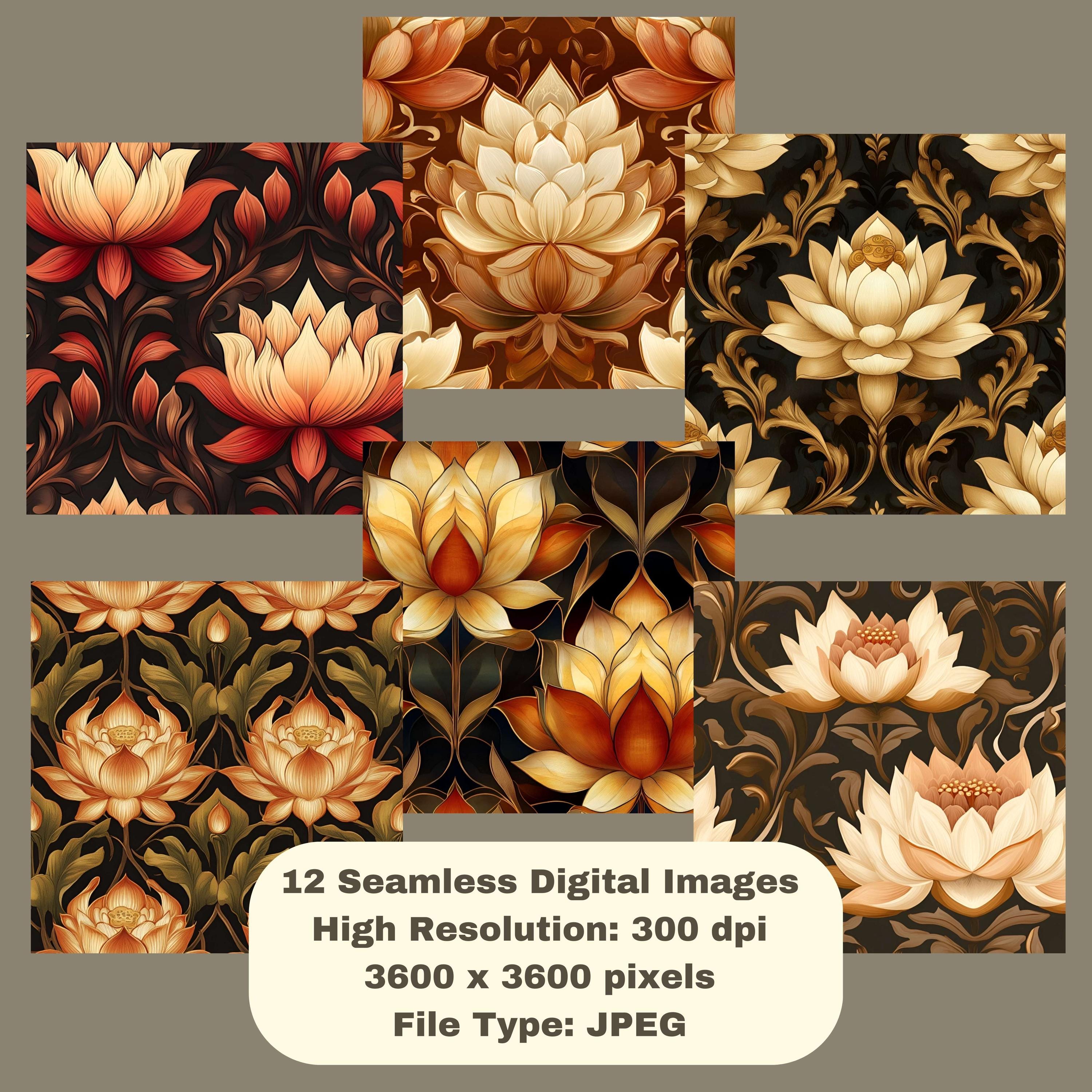 Art Nouveau Lotus Flowers Digital Paper, High Quality Seamless Images ...
