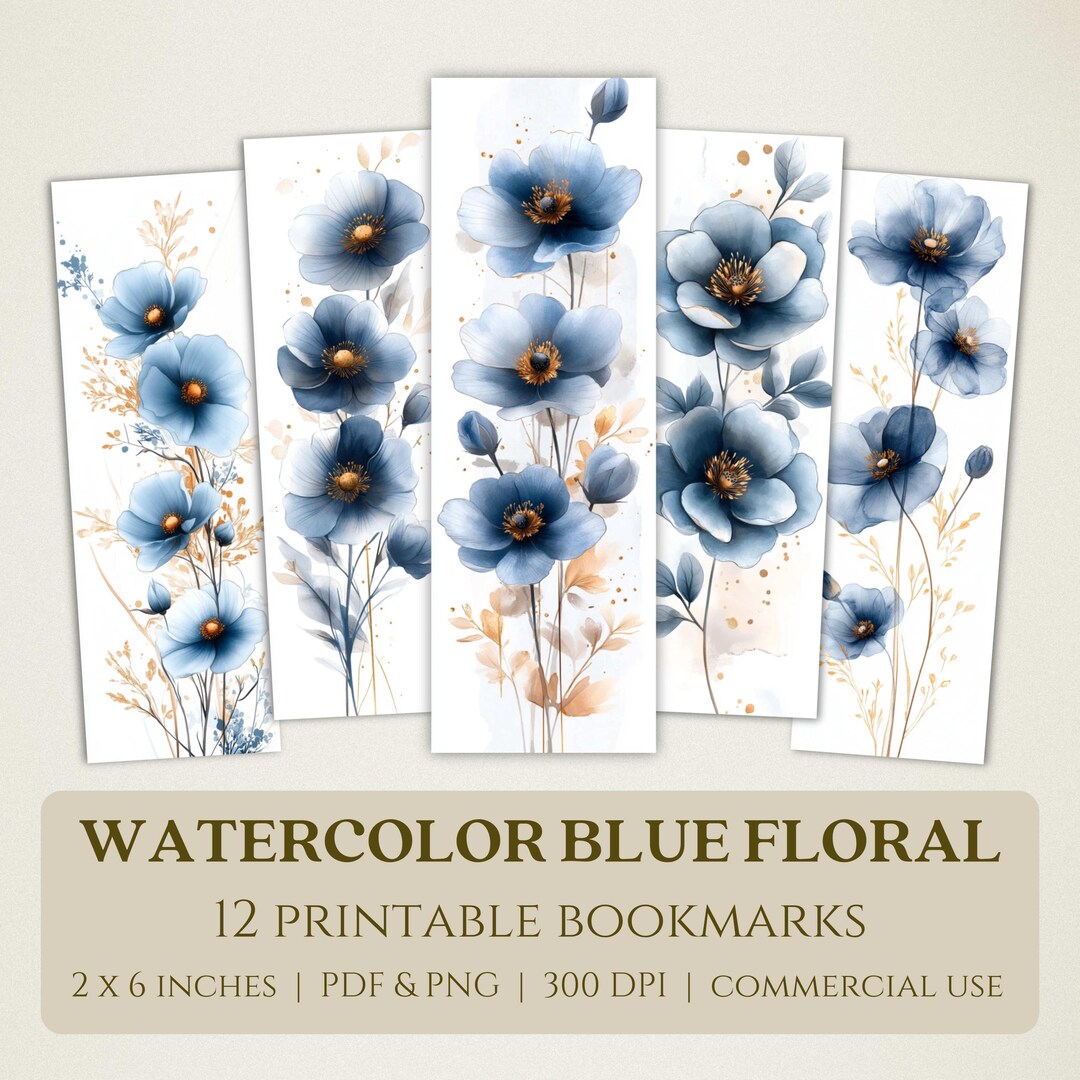 Watercolor Blue Floral Printable Bookmarks, High Quality Digital Images ...