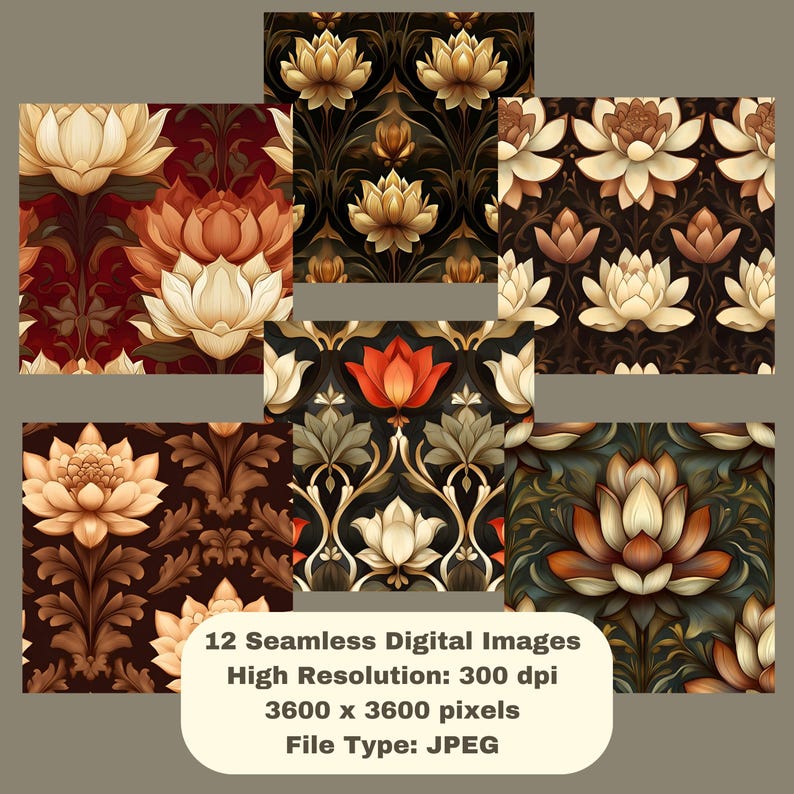 Art Nouveau Lotus Flowers Digital Paper, High Quality Seamless Images ...
