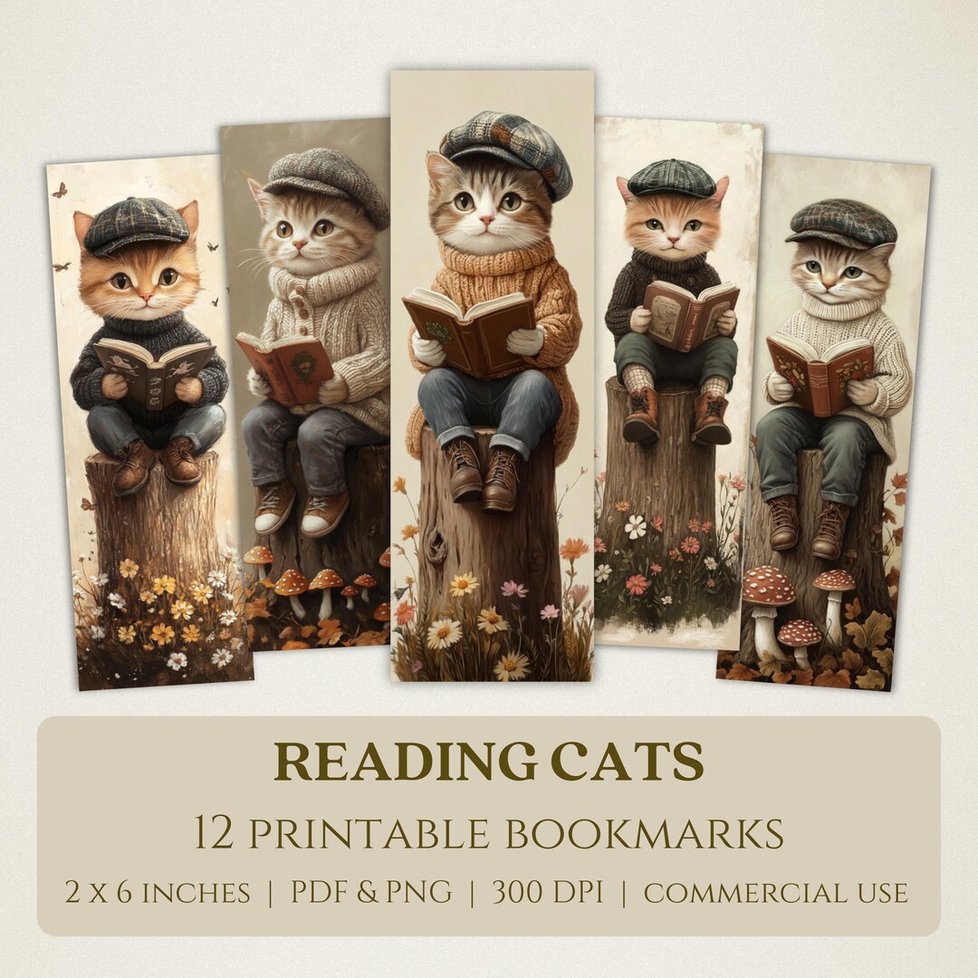 Reading Cats Printable Bookmarks, High Quality Digital Images, Instant ...